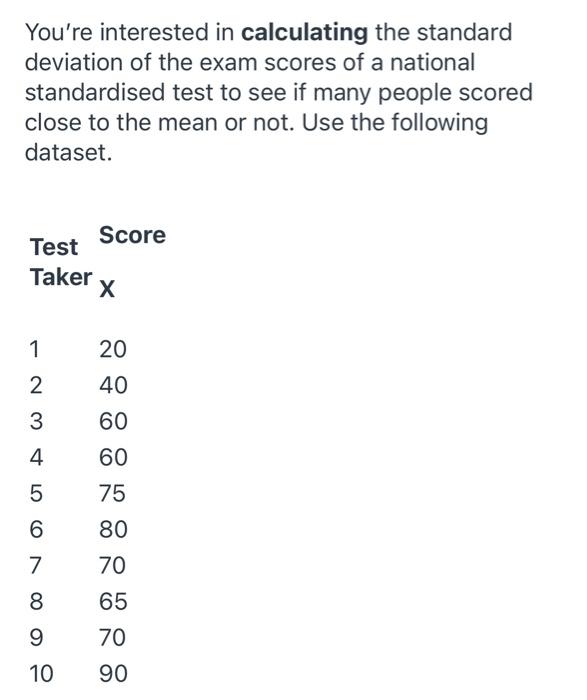 Solved You're interested in calculating the standard | Chegg.com