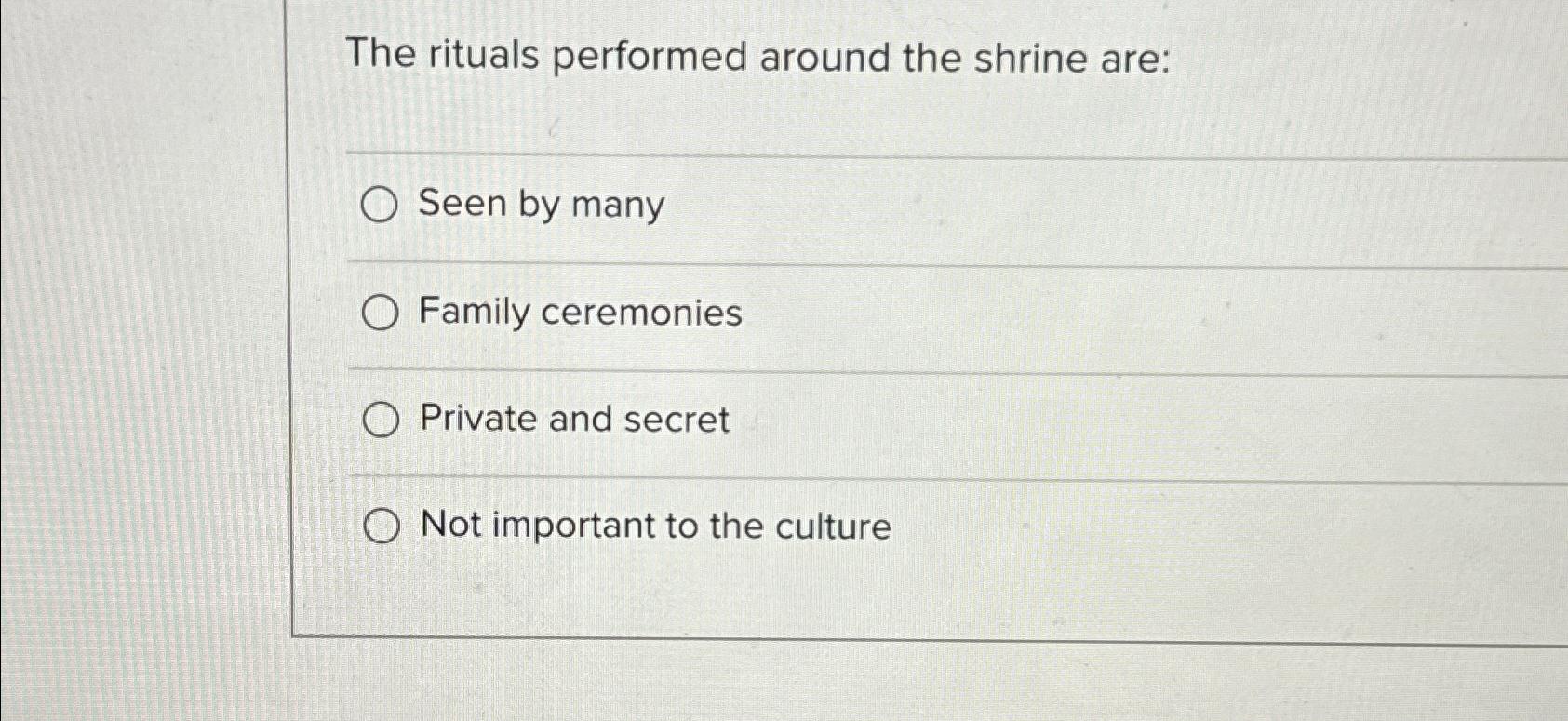 Solved The rituals performed around the shrine are:Seen by | Chegg.com