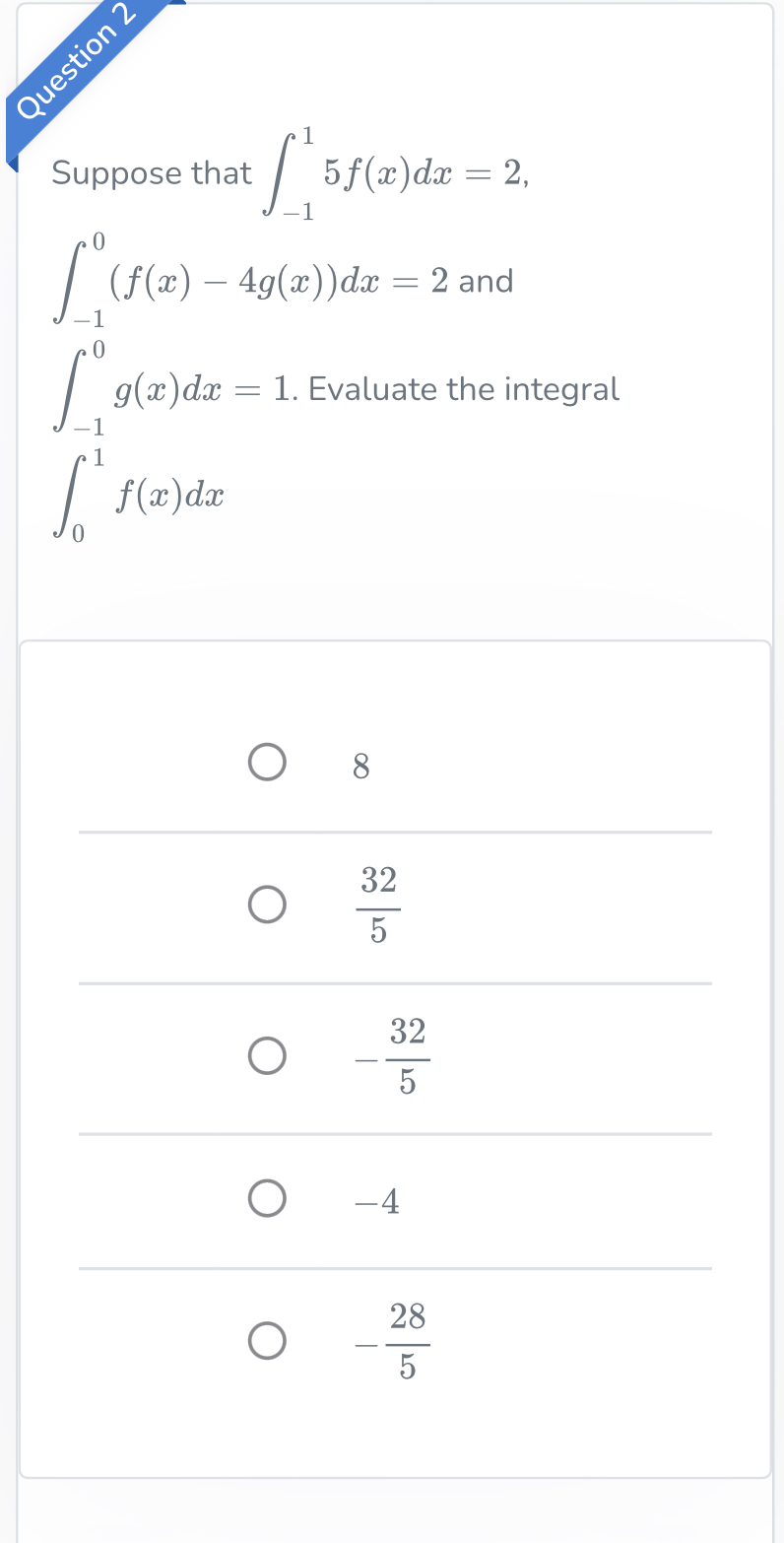 Solved Suppose that ∫-115f(x)dx=2,∫-10(f(x)-4g(x))dx=2 ﻿and | Chegg.com