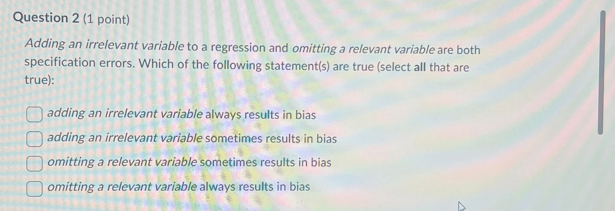 Solved Question 2 (1 ﻿point)Adding an irrelevant variable to | Chegg.com