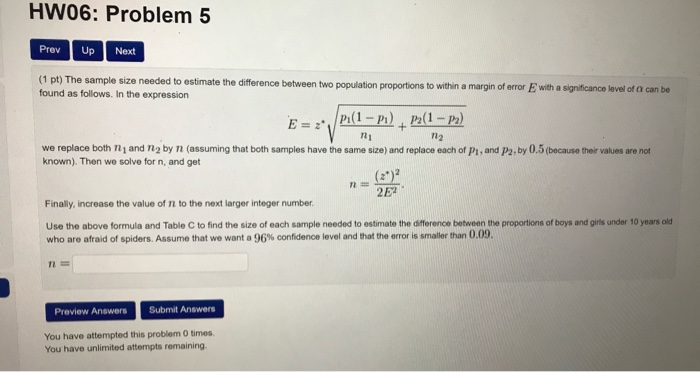 Solved HW06: Problem 5 Prev Up Next (1 pt) The sample size | Chegg.com
