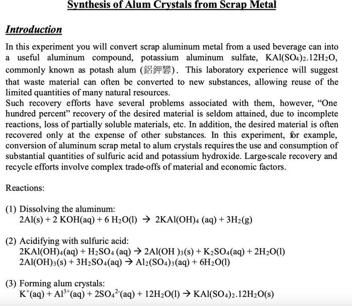 Solved It is "Synthesis of Alum Crystals from Scrap Metal" | Chegg.com
