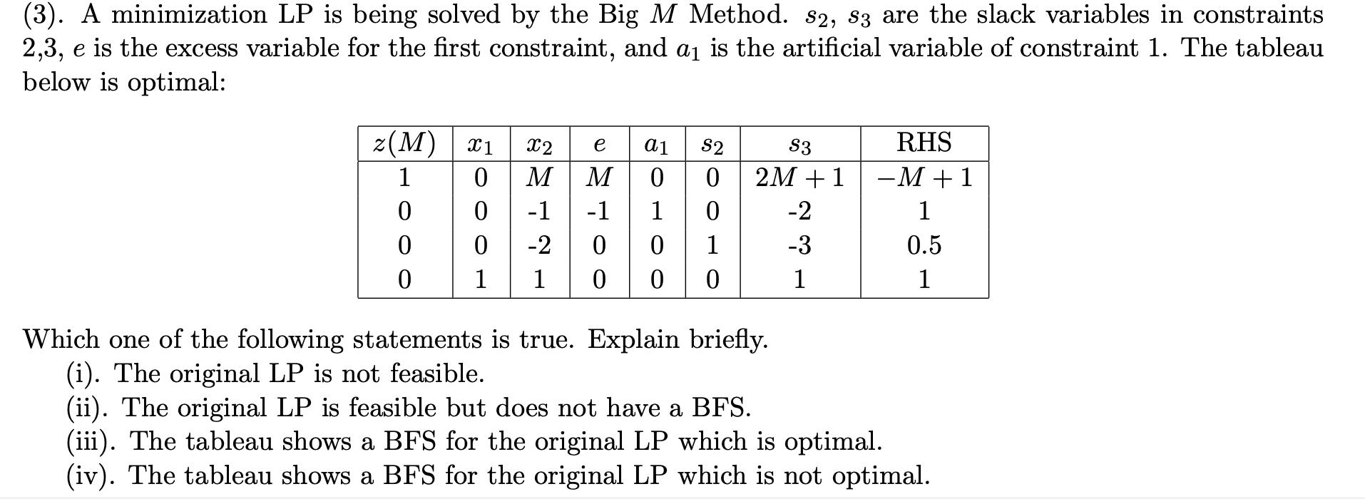 Solved (3). A minimization LP is being solved by the BigM | Chegg.com Solved (3). A minimization LP is being solved by the BigM | Chegg.com