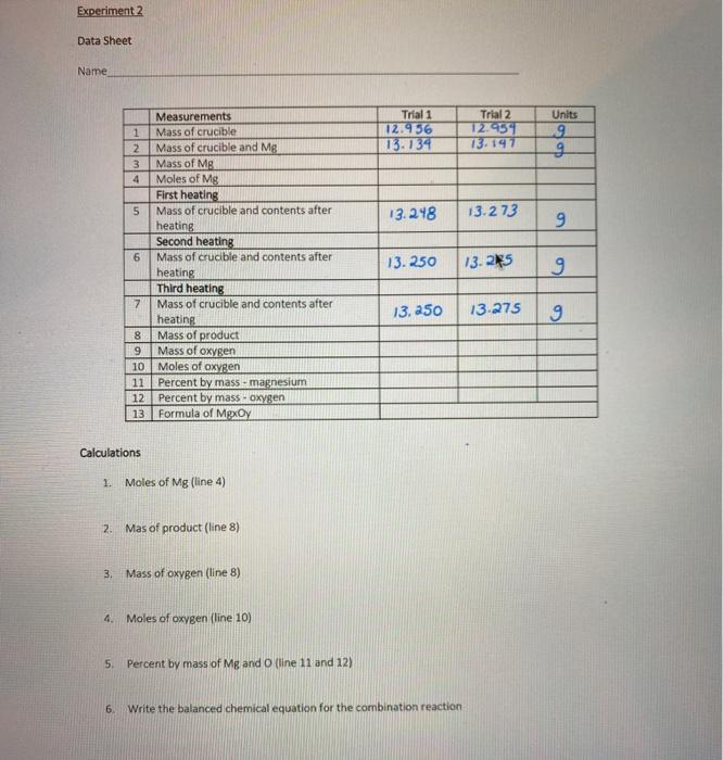 Solved Experiment 2 Data Sheet Name Units Trial 1 12.956 | Chegg.com