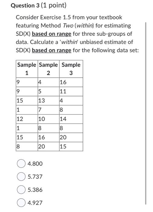 Solved Question 1 (1 point) Consider Table 1.1 from your | Chegg.com