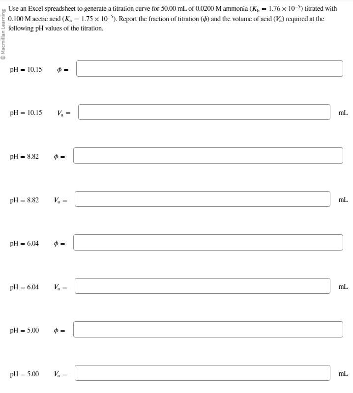 Use an Excel spreadsheet to generate a titration | Chegg.com