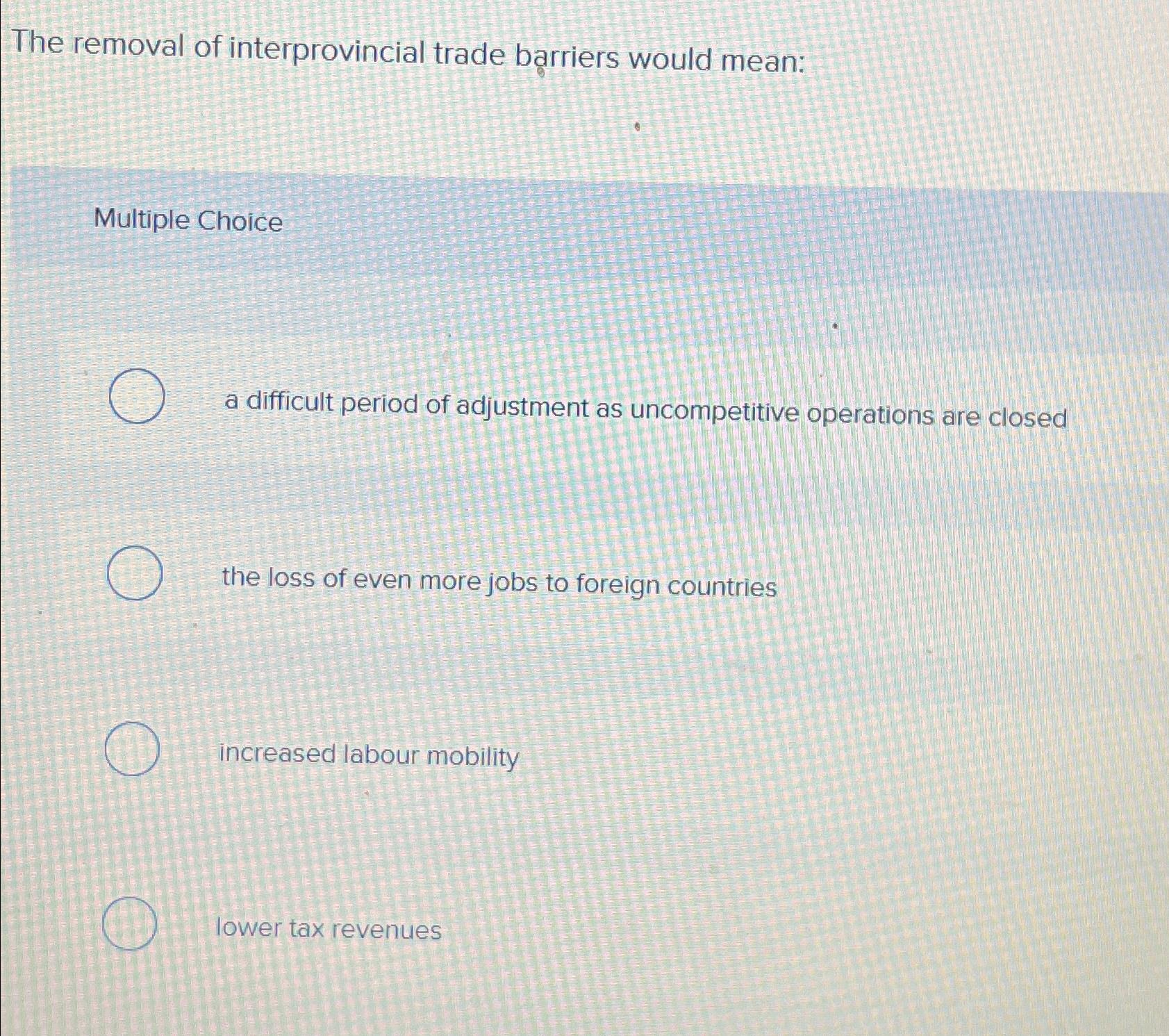 Solved The removal of interprovincial trade barriers would | Chegg.com