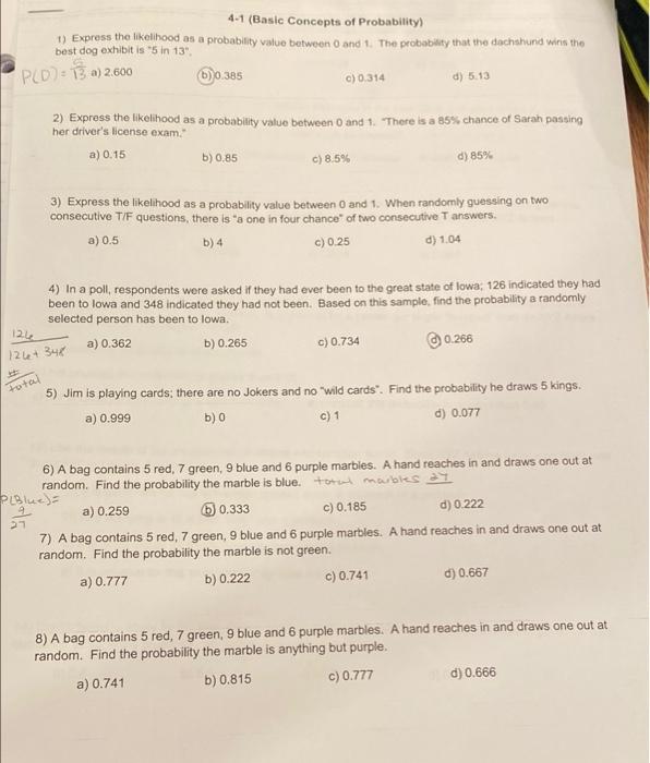 Solved 4-1 (Basic Concepts of Probability) 1) Express the | Chegg.com