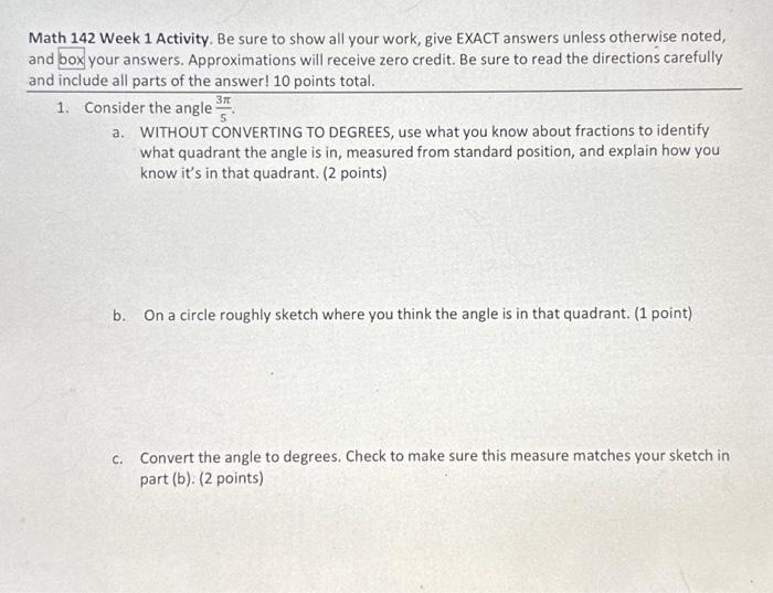 Solved Math 142 Week 1 Activity. Be sure to show all your | Chegg.com