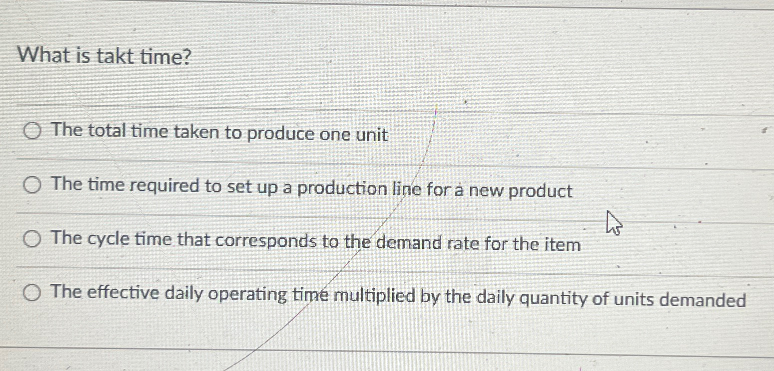 Solved What is takt time?The total time taken to produce one | Chegg.com