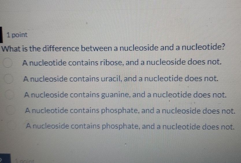 Solved 1 ﻿pointWhat is the difference between a nucleoside | Chegg.com