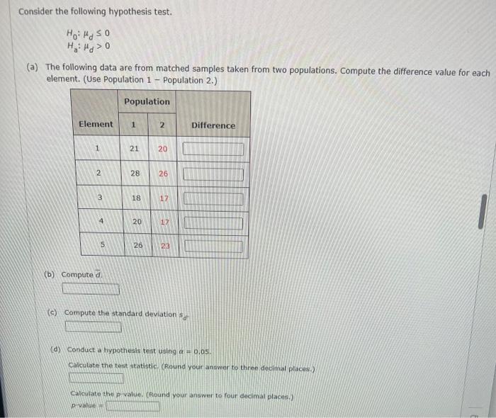 Solved Consider the following hypothesis test.H0: 𝜇d ≤ 0Ha: | Chegg.com