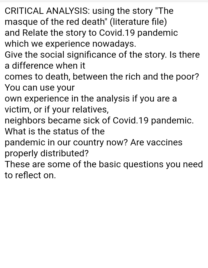 CRITICAL ANALYSIS: using the story "The masque of the | Chegg.com