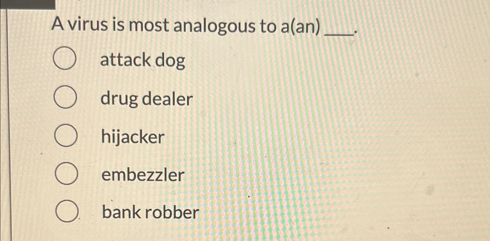 Solved A virus is most analogous to a(an)attack dogdrug | Chegg.com