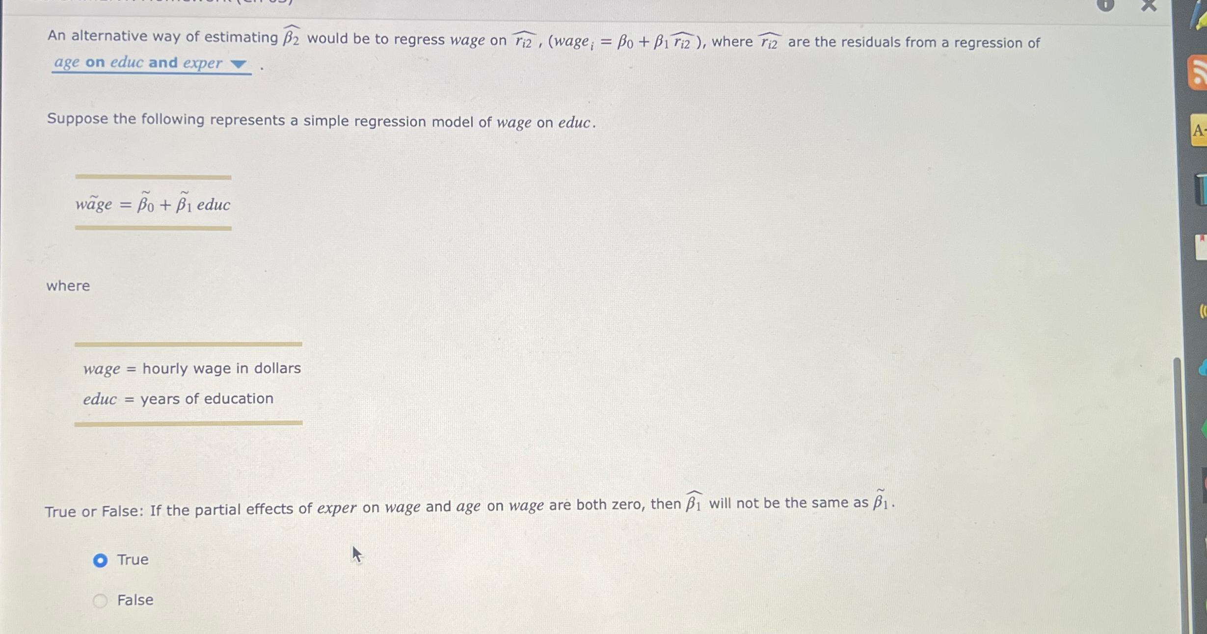 Solved An alternative way of estimating widehat(β2) ﻿would | Chegg.com