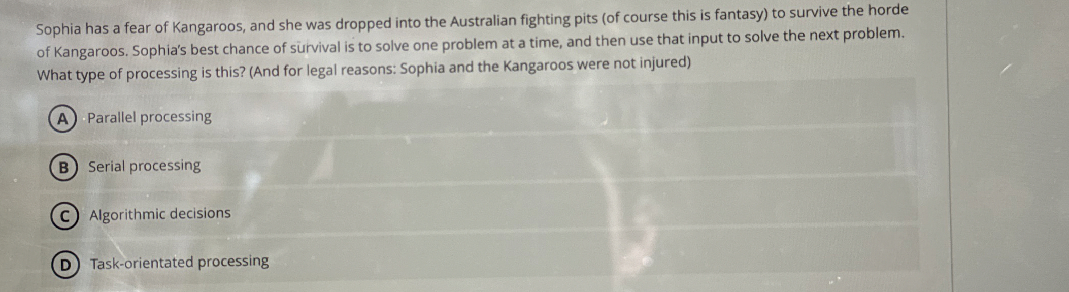 Solved Sophia has a fear of Kangaroos, and she was dropped | Chegg.com