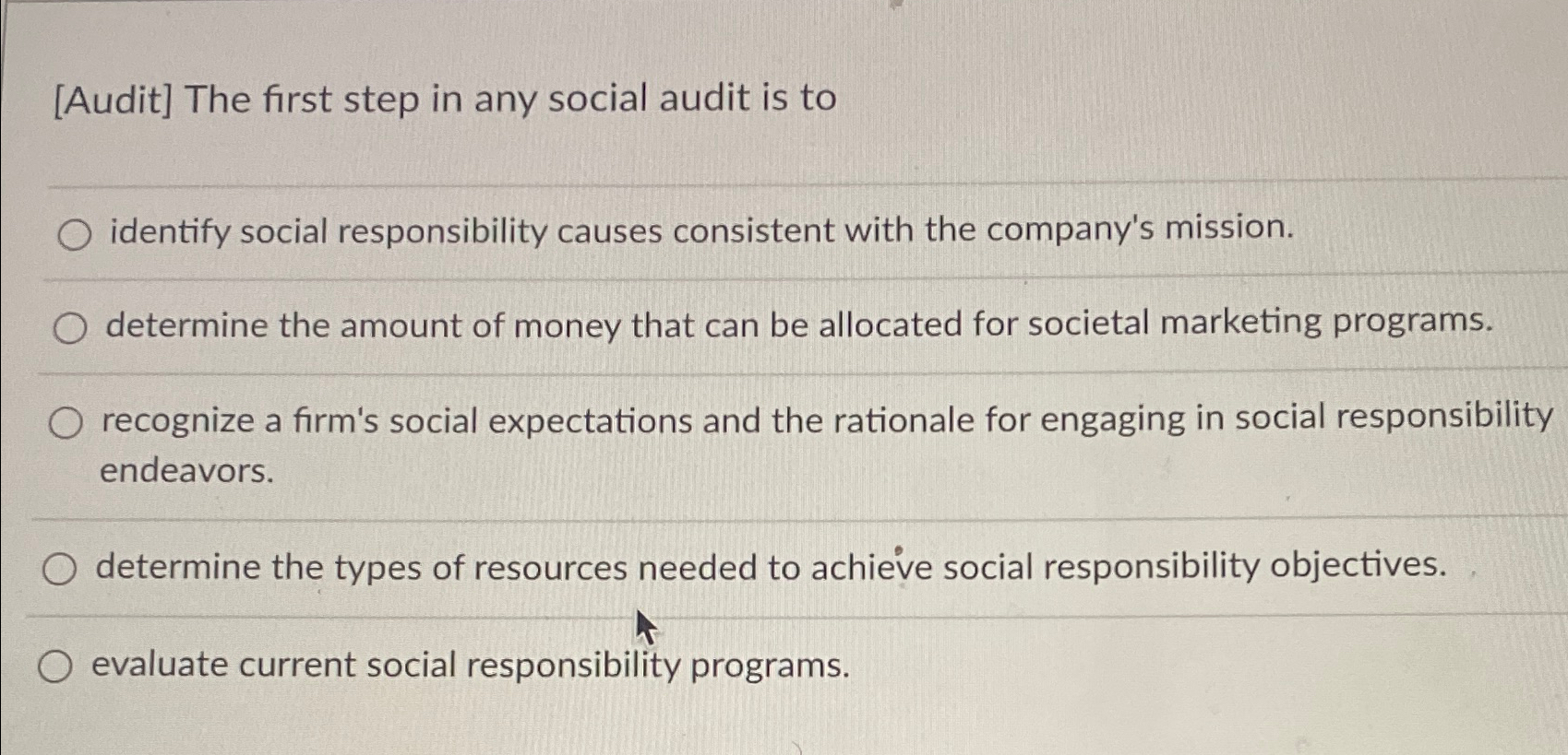 Solved [Audit] ﻿The first step in any social audit is | Chegg.com
