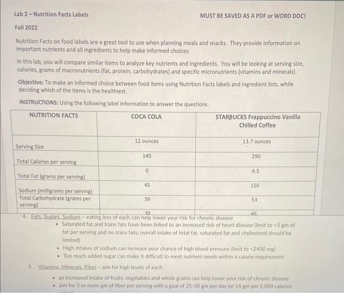 Solved Lab 2 - Nutrition Facts Labels MUST BE SAVED AS A PDF | Chegg.com