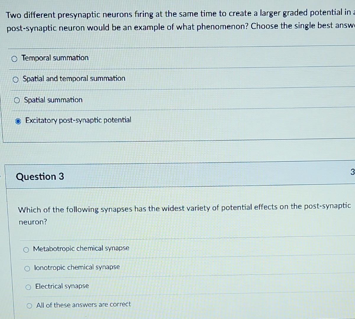 Solved Two different presynaptic neurons firing at the same | Chegg.com