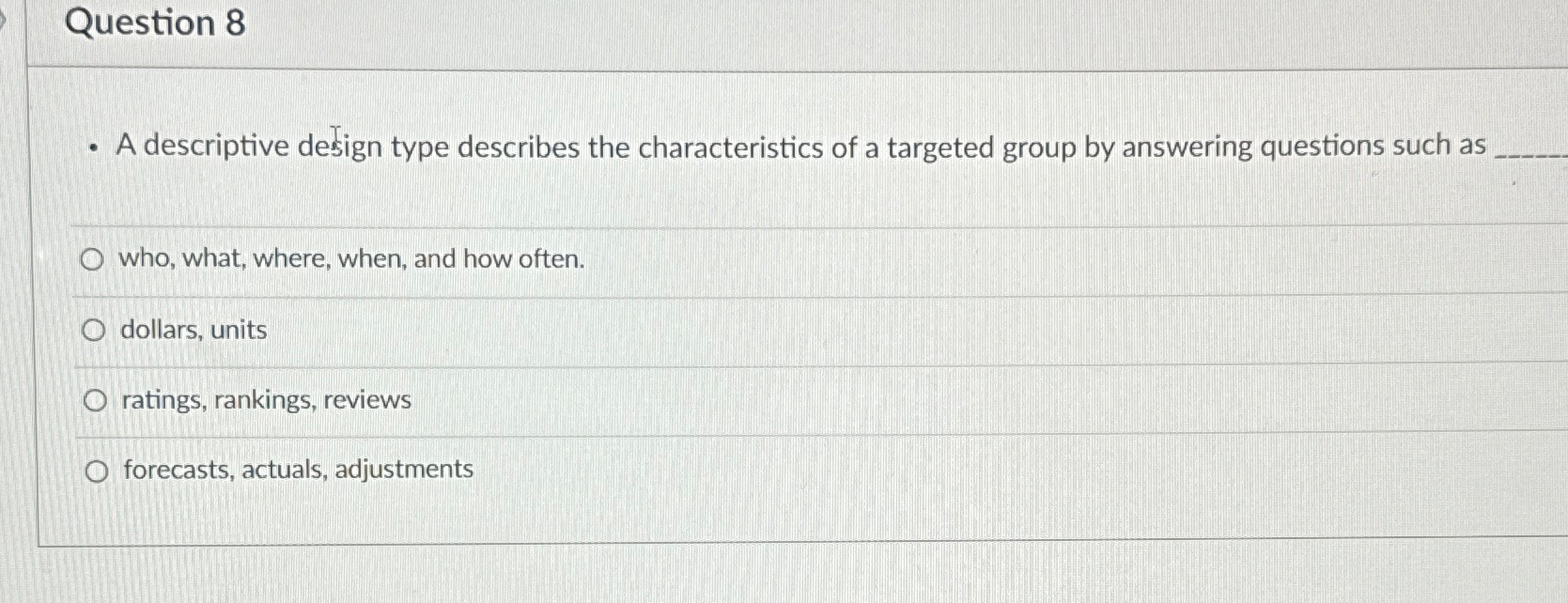 Solved Question 8A descriptive design type describes the | Chegg.com