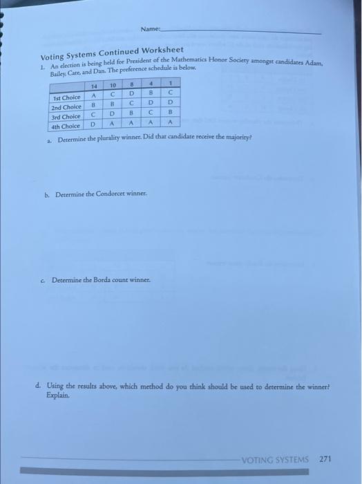 Solved Name: Voting Systems Continued Worksheet 1. An | Chegg.com