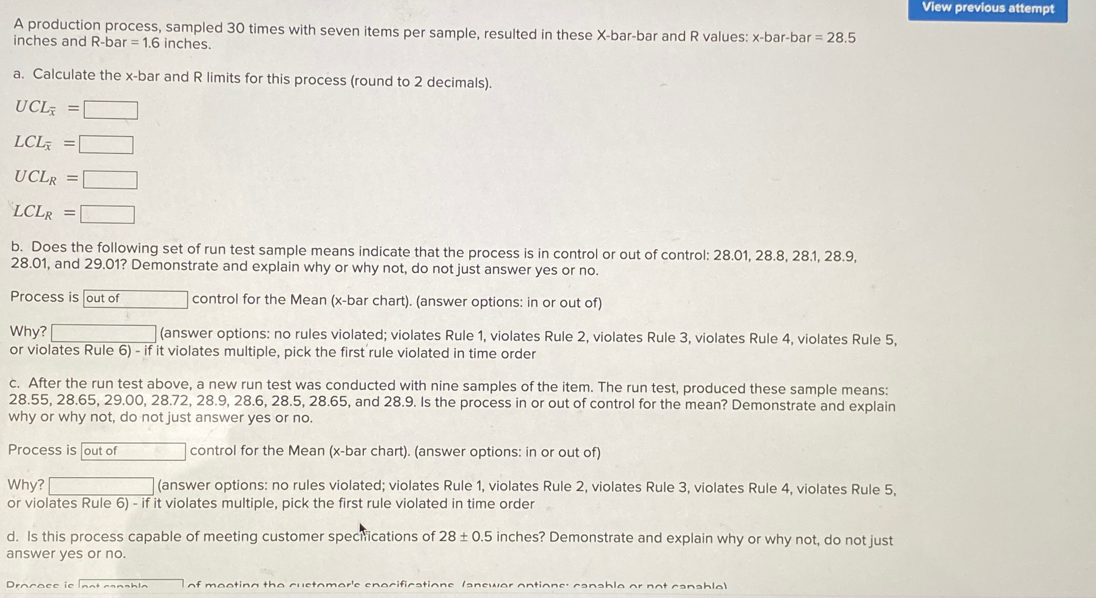 Solved A production process, sampled 30 ﻿times with seven | Chegg.com