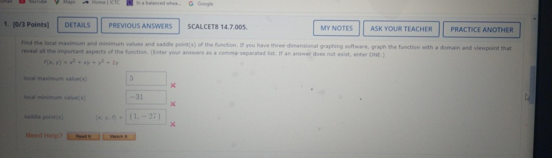 Solved [0/3 Points] SCALCET8 14.7.005. Find the local | Chegg.com