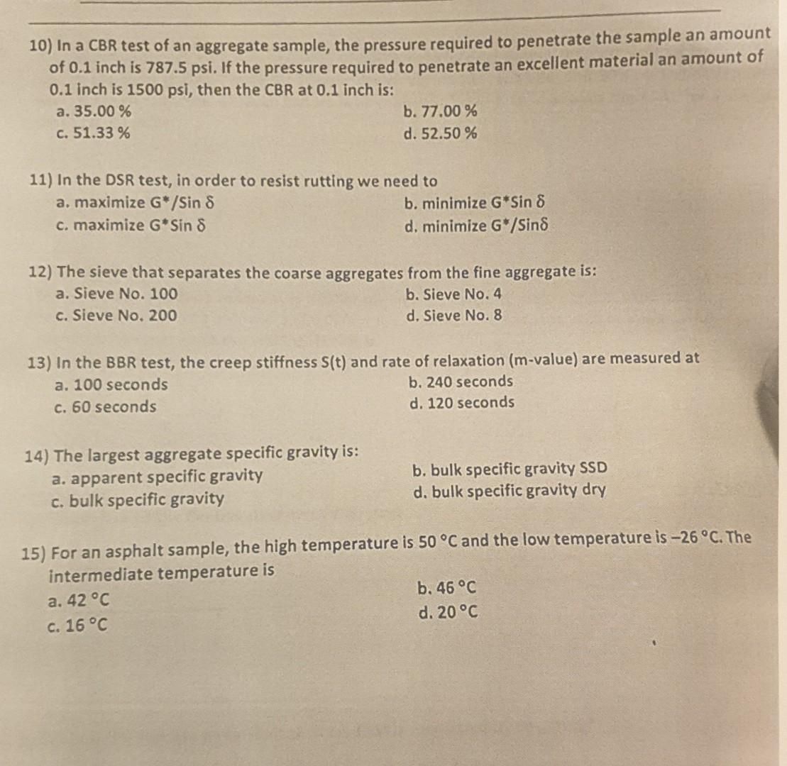 Solved 10) In a CBR test of an aggregate sample, the | Chegg.com