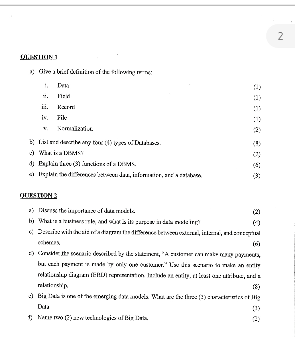 Solved 2QUESTION 1a) ﻿Give a brief definition of the | Chegg.com