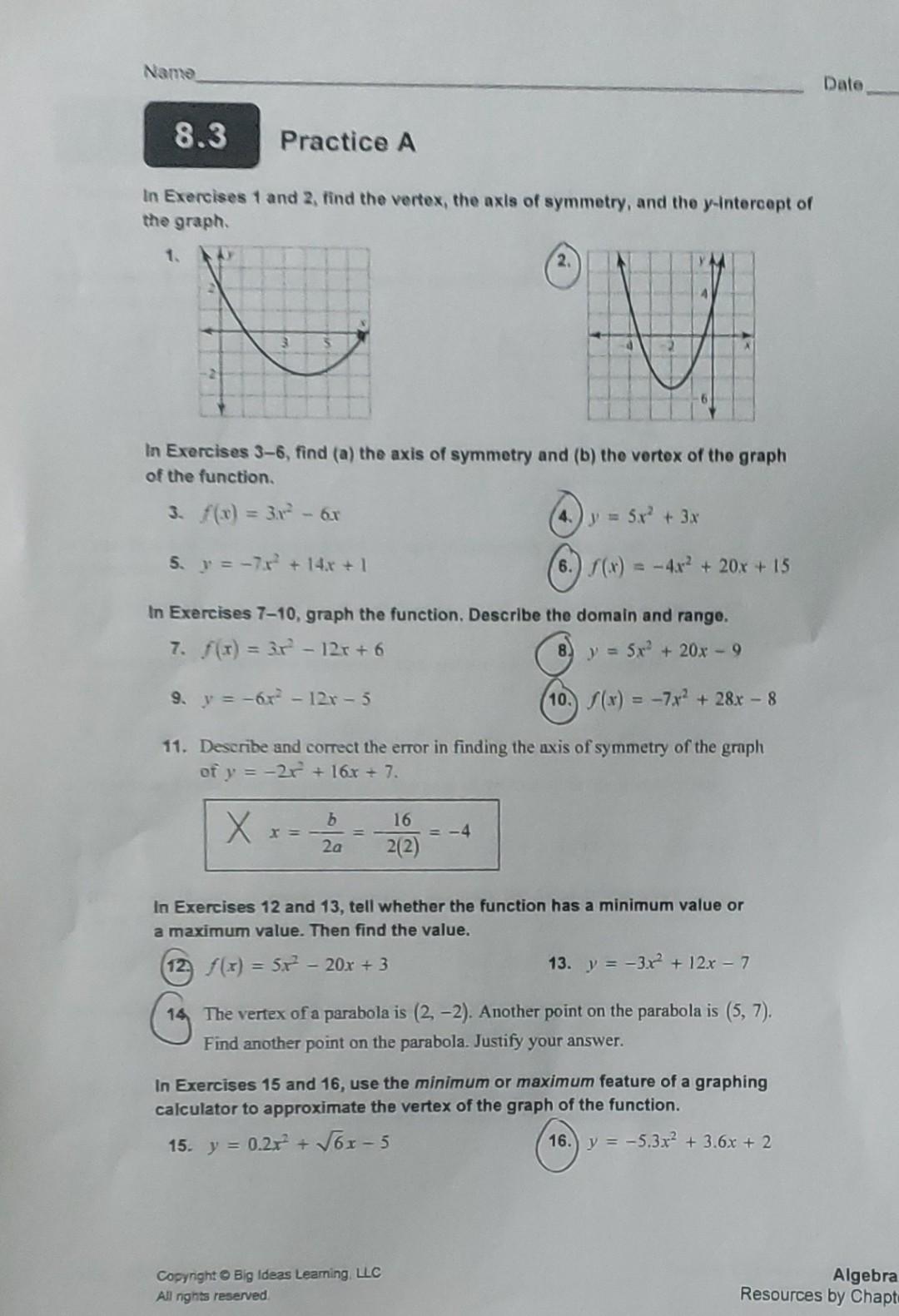 Solved In Exercises 1 and 2, find the vertex, the axis of | Chegg.com