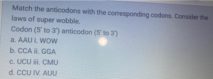 Match the anticodons with the corresponding codons. | Chegg.com