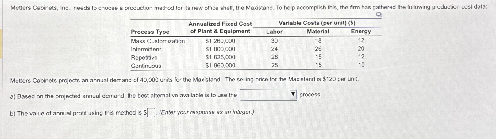 Solved Metters Cabinets, Inc., needs to choose a production | Chegg.com