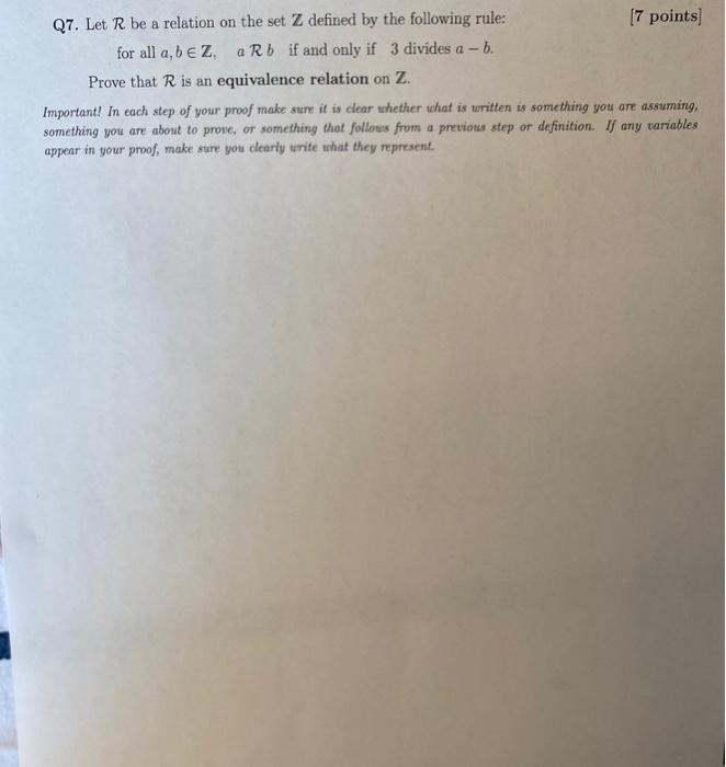 Solved Q7. Let R be a relation on the set Z defined by the | Chegg.com