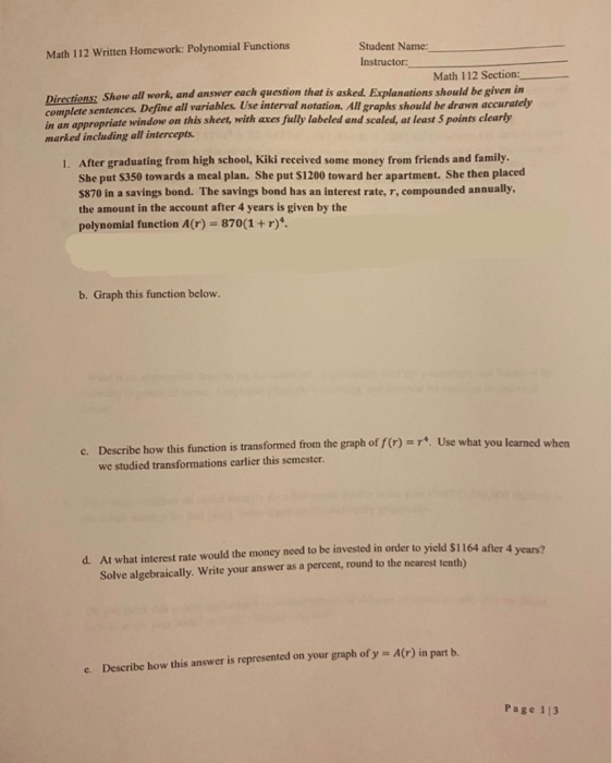 Solved Math 112 Written Homework: Polynomial Functions | Chegg.com