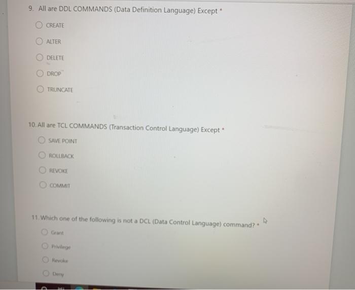Solved 9. All are DDL COMMANDS (Data Definition Language) | Chegg.com