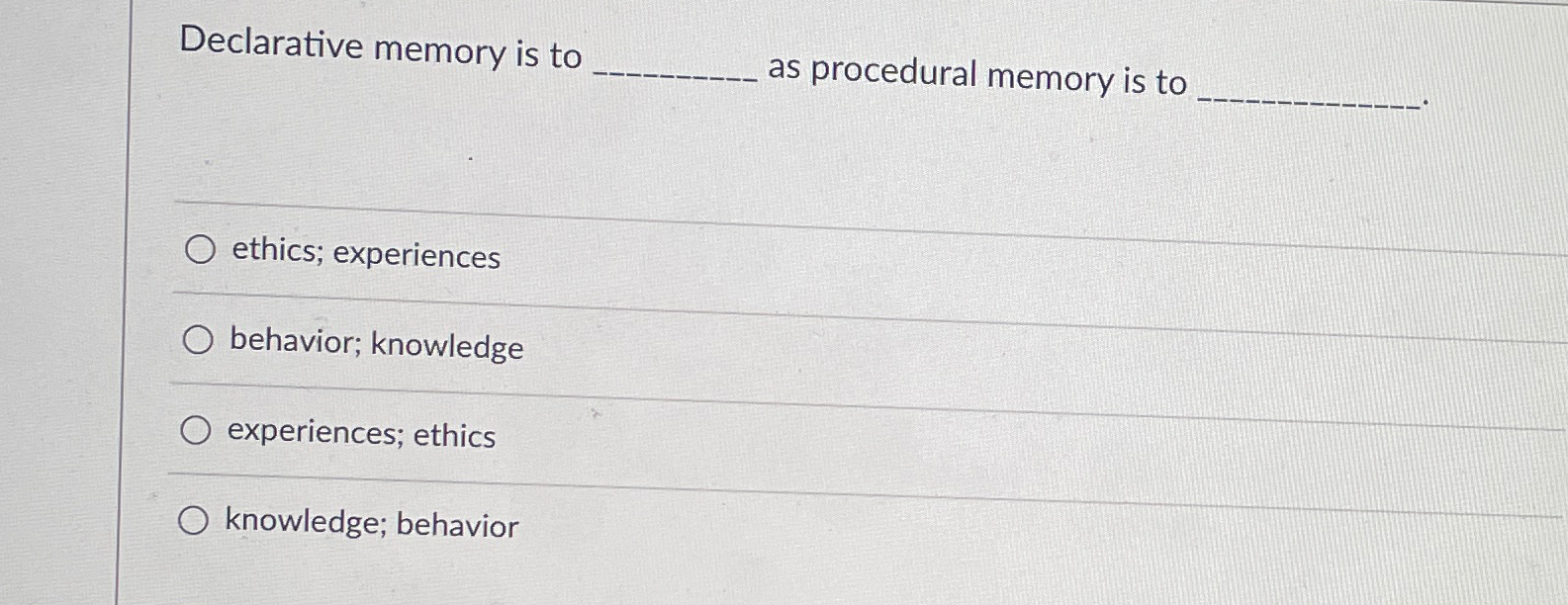 Solved Declarative memory is to ﻿as procedural memory is | Chegg.com