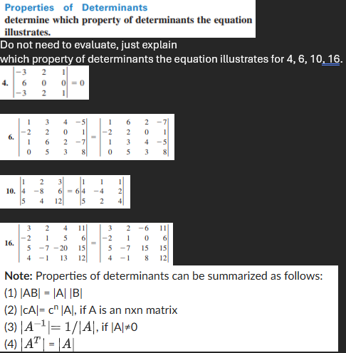 Solved Properties of Determinants determine which property | Chegg.com