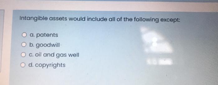 Solved Intangible assets would include all of the following | Chegg.com