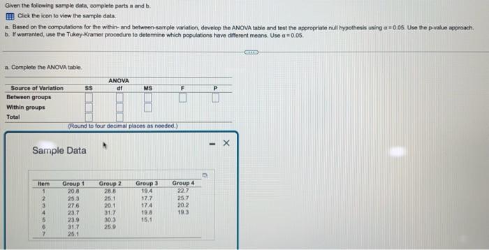 Solved Given the following sample data, complete parts a and | Chegg.com