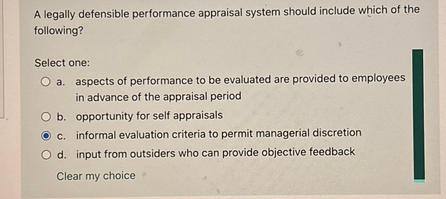 Solved A legally defensible performance appraisal system | Chegg.com