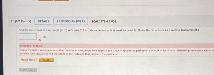Solved Find the dimensions of a rectangle (in m) with area | Chegg.com