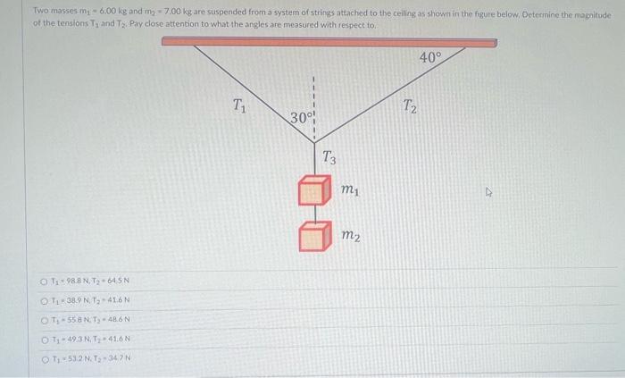 Solved Two masses m1=6.00 kg and m2=7.00 kg are suspended | Chegg.com