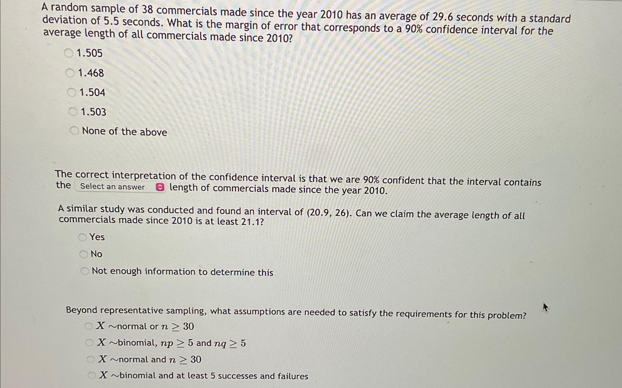 Solved A random sample of 38 ﻿commercials made since the | Chegg.com