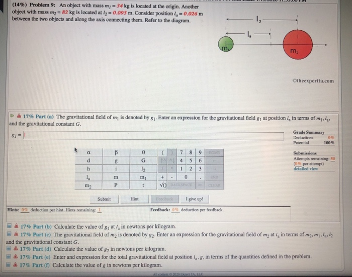 (14%) Problem 9: An object with mass m, 34 kg is | Chegg.com