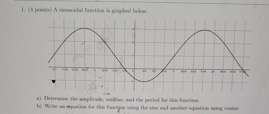Solved 1. (4 points) A sinusoidal function is graphed below. | Chegg.com
