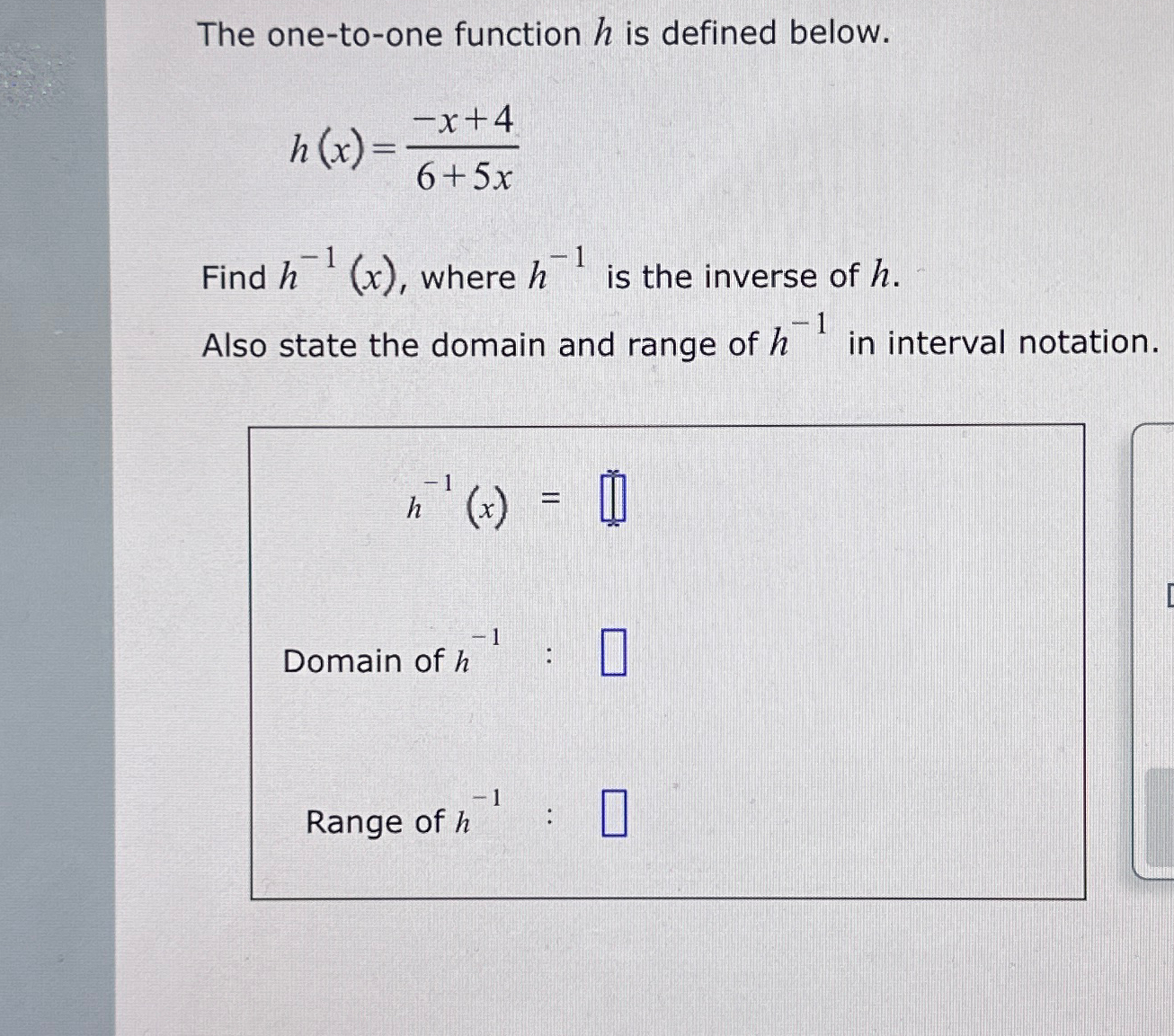 Solved The one-to-one function h ﻿is defined | Chegg.com