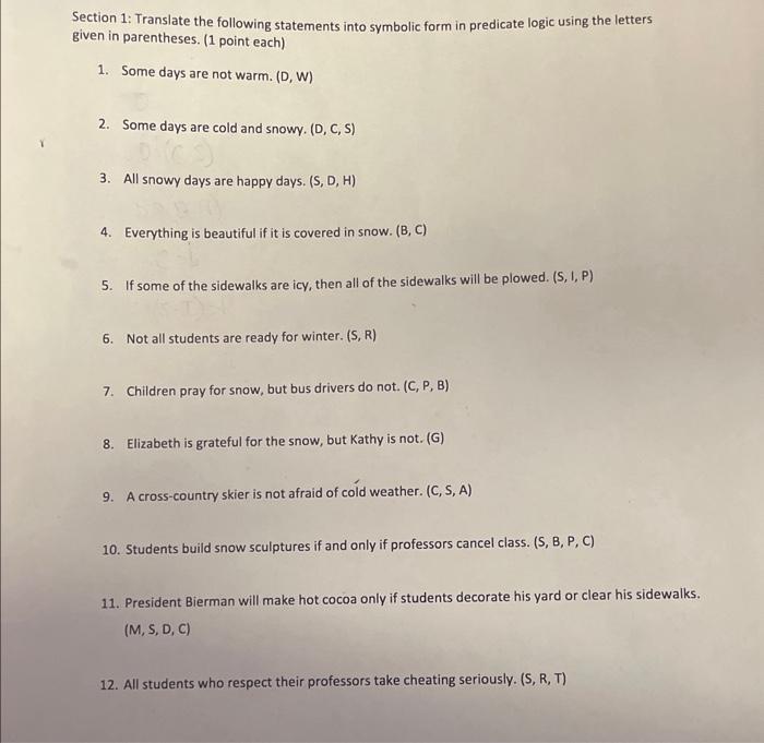 Section 1: Translate the following statements into | Chegg.com