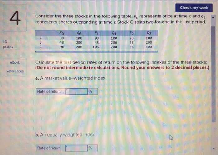 Solved 4 Check my work Consider the three stocks in the | Chegg.com