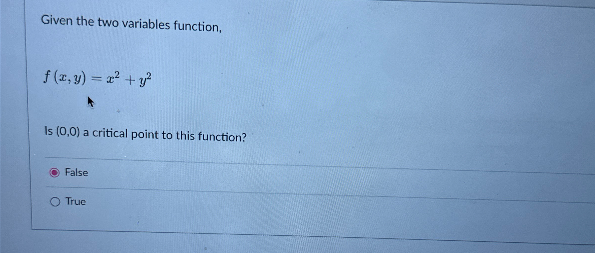 Solved Given the two variables function,f(x,y)=x2+y2Is (0,0) | Chegg.com