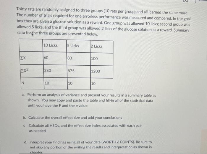 Solved Thirty rats are randomly assigned to three groups (10 | Chegg.com